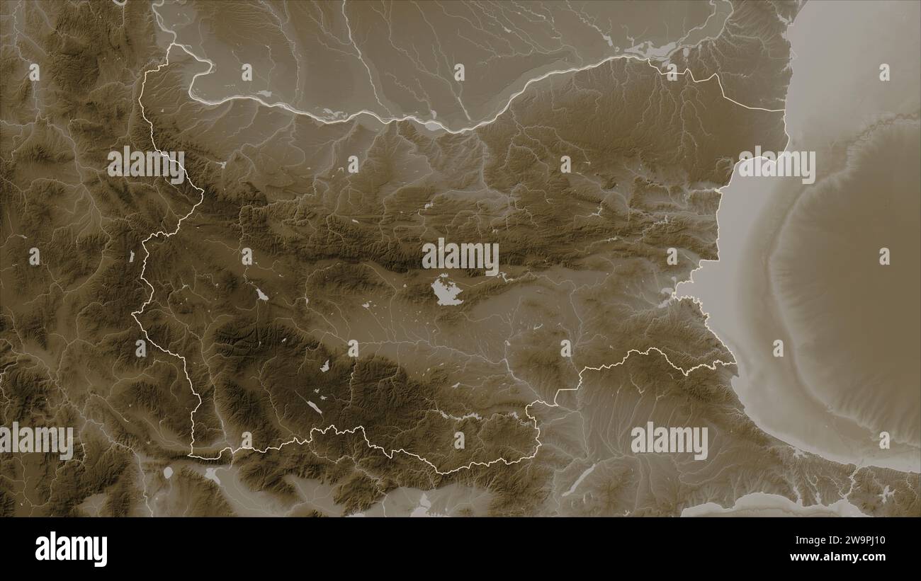 Bulgaria outlined on a elevation map colored in sepia tones with lakes ...