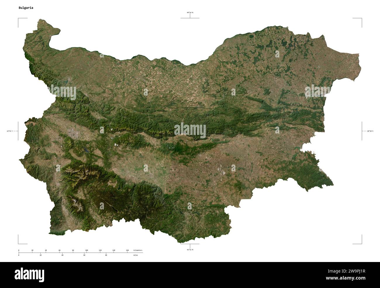 Shape of a low resolution satellite map of the Bulgaria, with distance ...