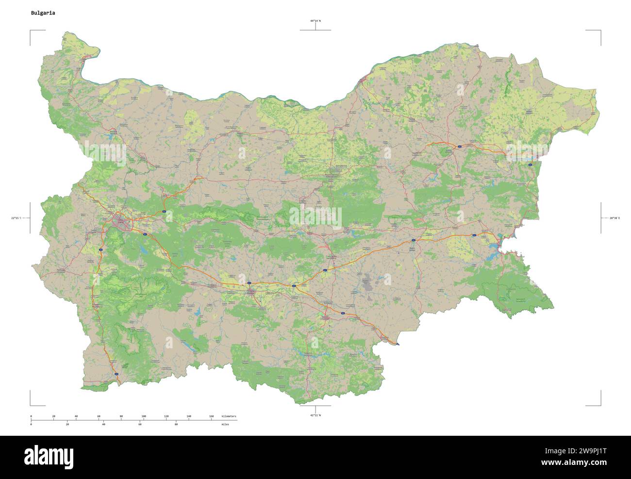 Shape of a topographic, OSM Germany style map of the Bulgaria, with ...