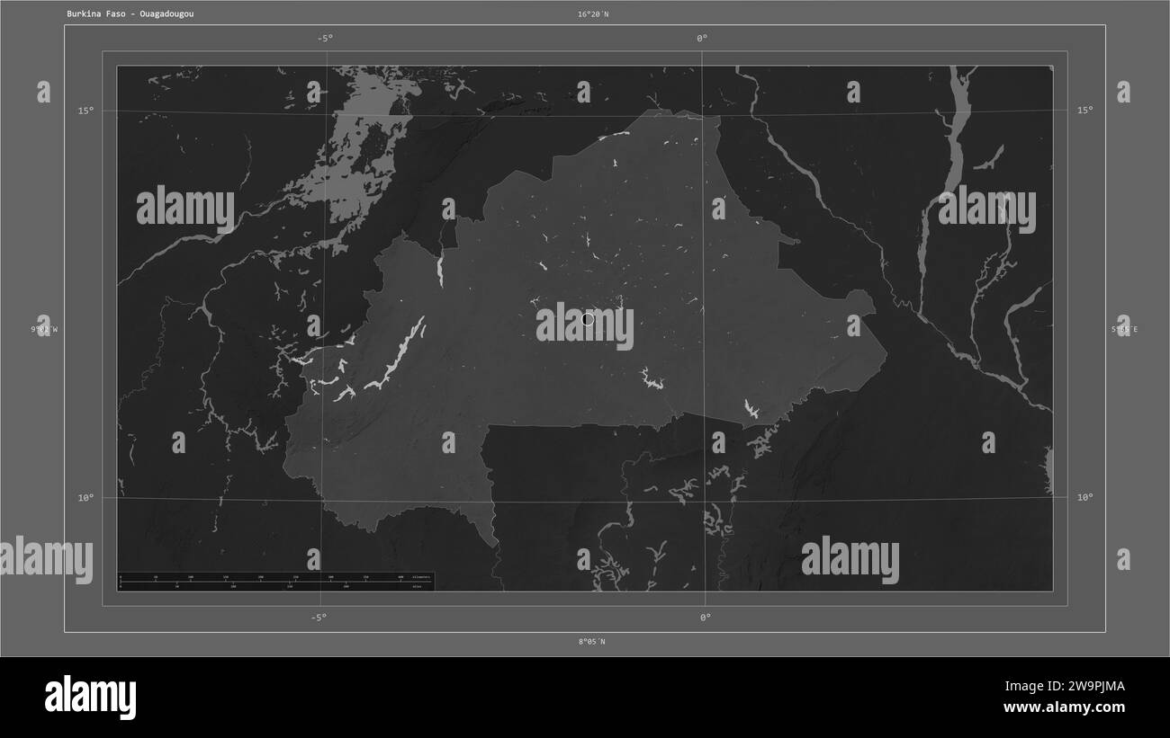 Burkina Faso highlighted on a Grayscale elevation map with lakes and rivers map with the country ...