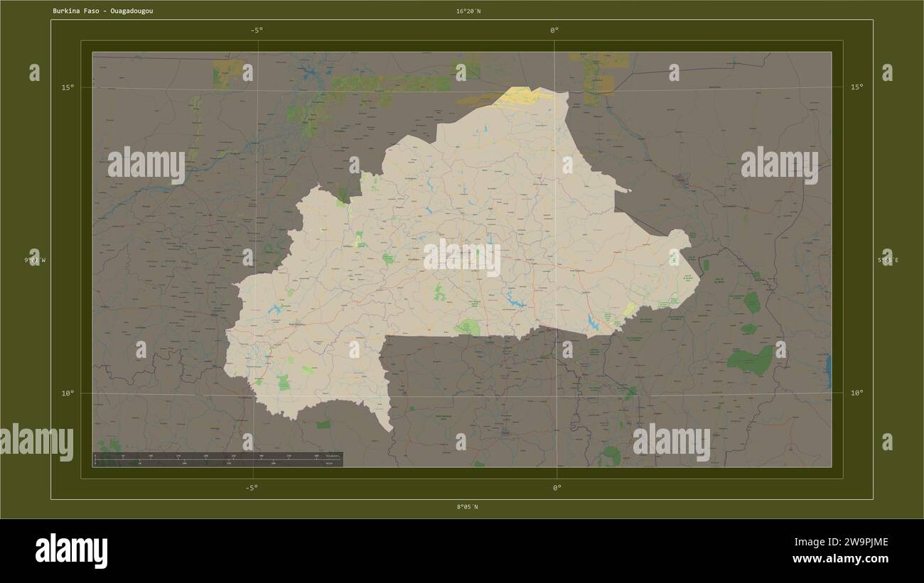 Burkina Faso highlighted on a topographic, OSM standard style map map with the country's capital ...