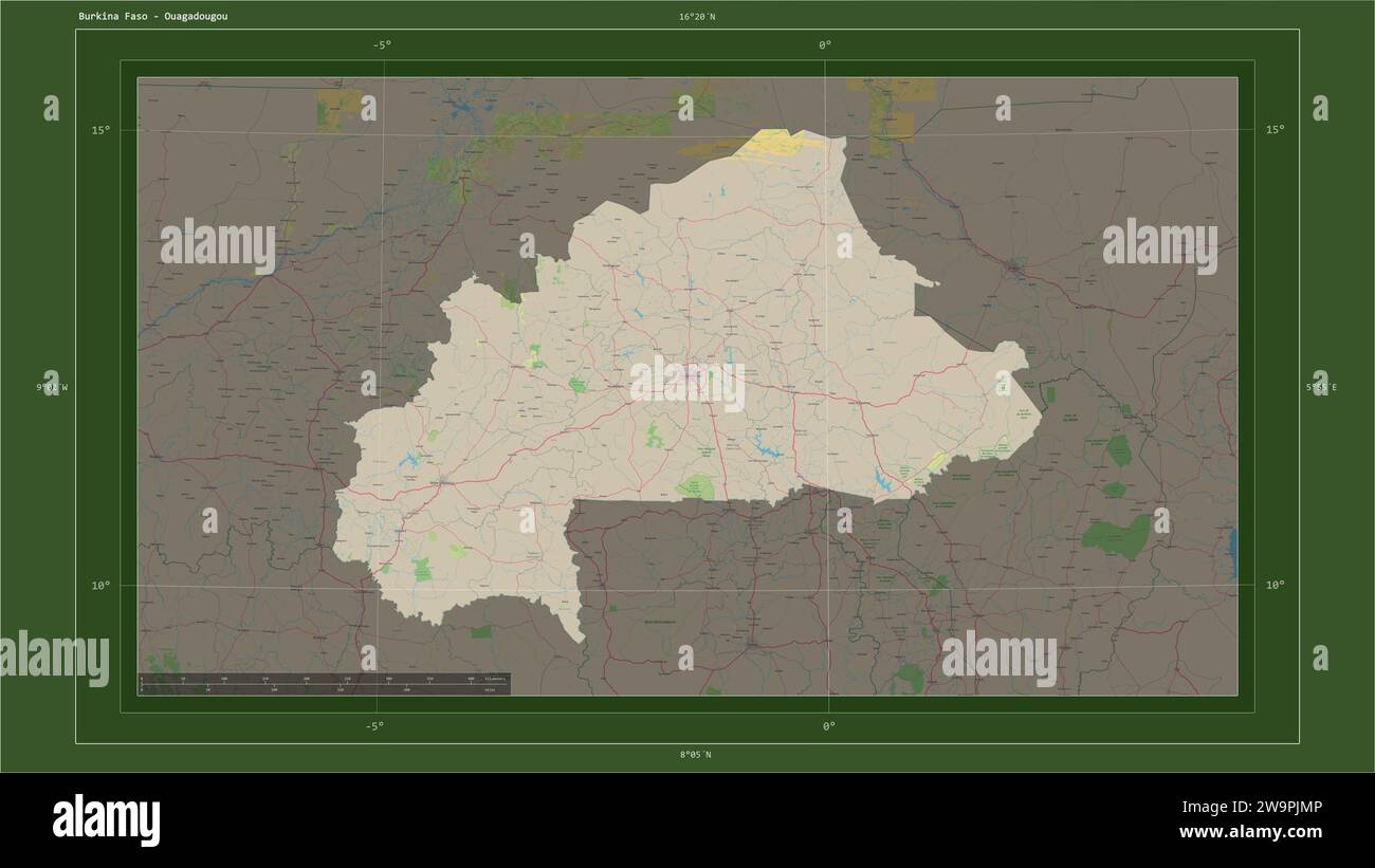 Burkina Faso highlighted on a topographic, OSM Germany style map map with the country's capital ...