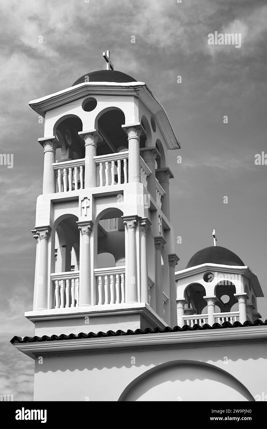 bell towers of an orthodox neo-byzantine church on the island of Crete ...