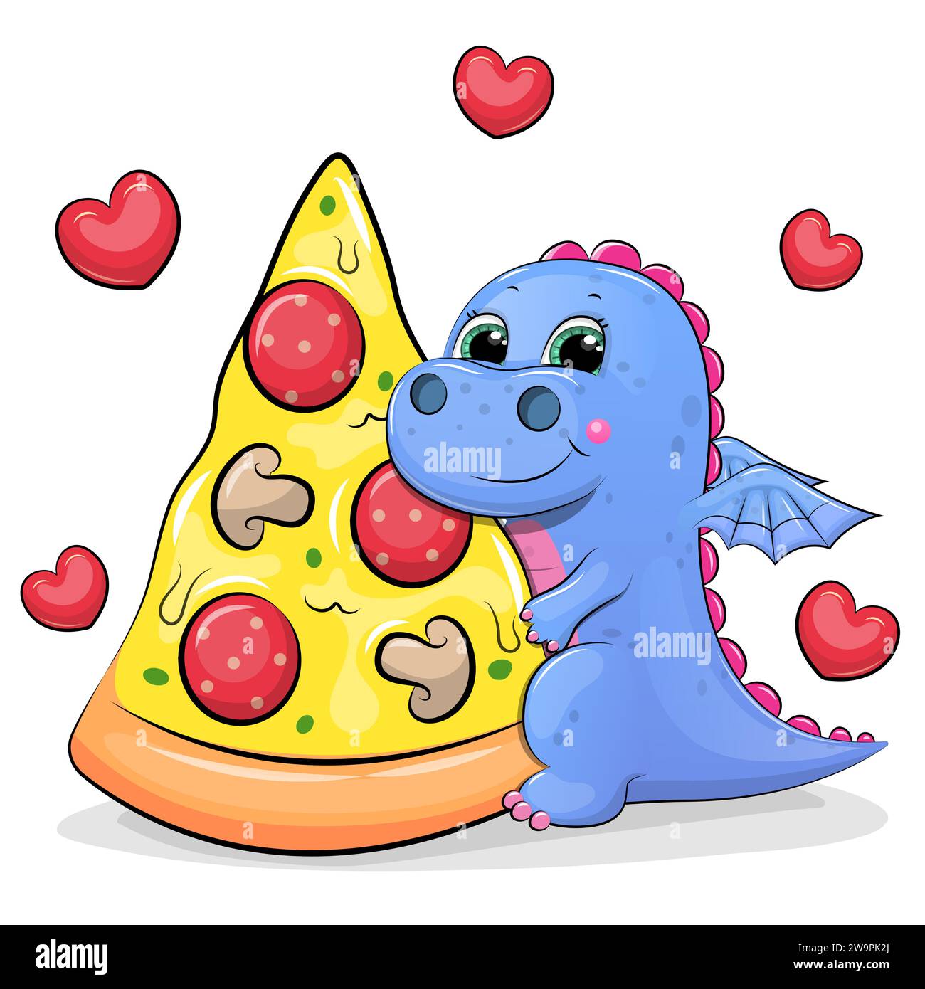 Cute cartoon blue dragon with a big piece of pizza. Vector illustration ...