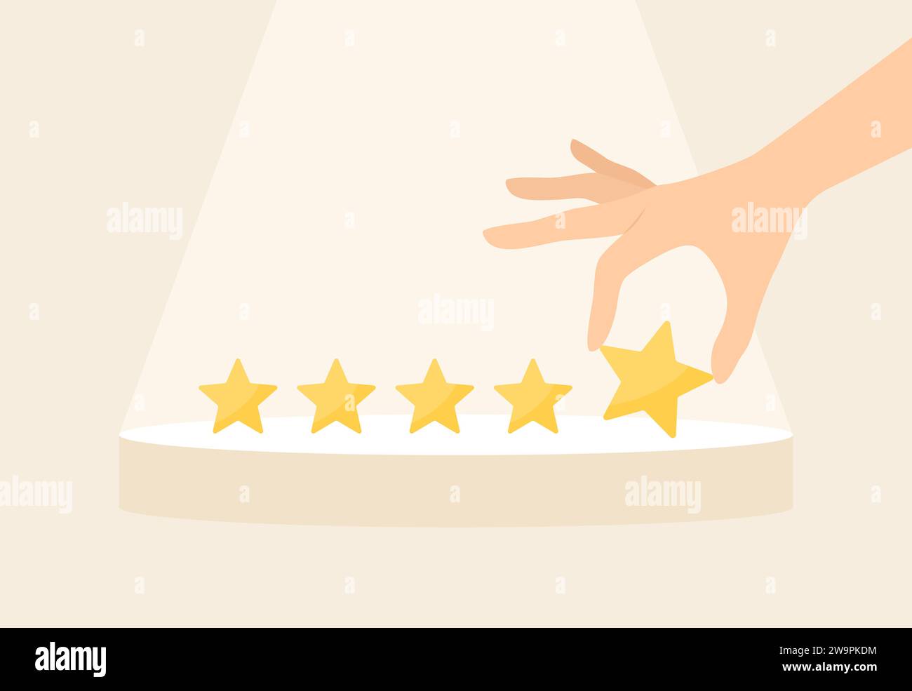 Hand putting five stars on pedestal under spotlight. Flat vector ...