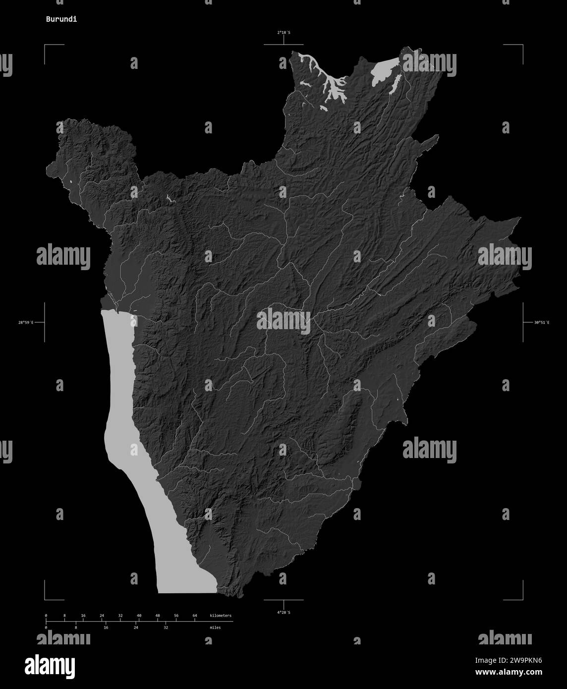 Shape of a Grayscale elevation map with lakes and rivers of the Burundi ...