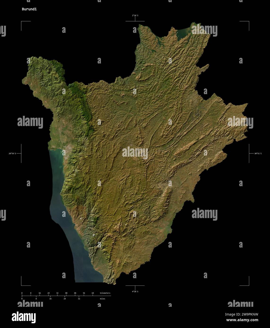 Shape of a low resolution satellite map of the Burundi, with distance ...