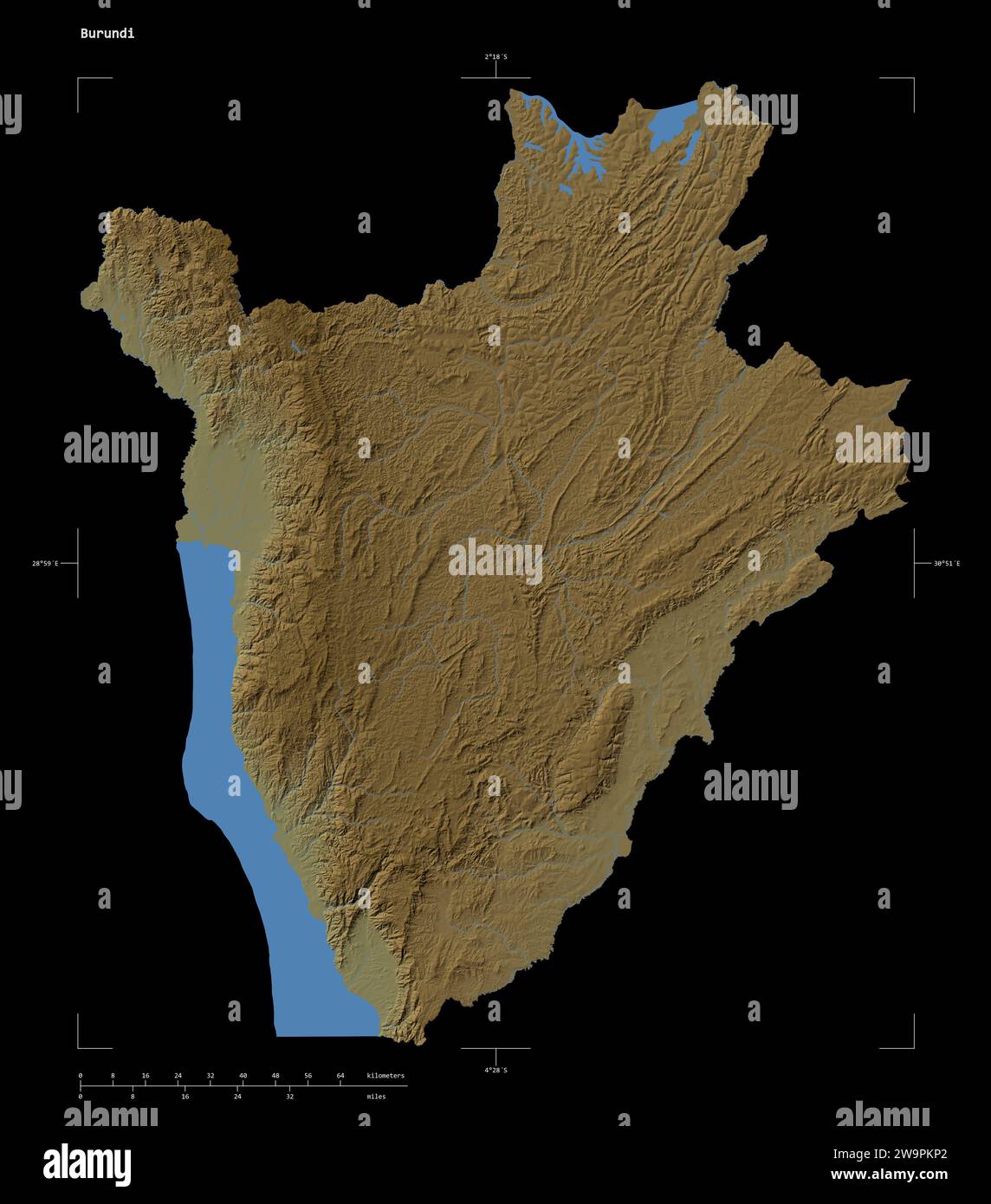 Shape of a Colored elevation map with lakes and rivers of the Burundi ...