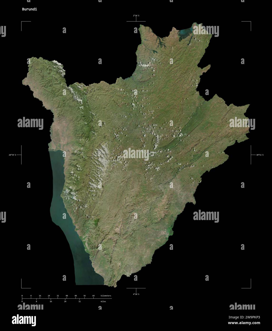 Shape of a high resolution satellite map of the Burundi, with distance ...