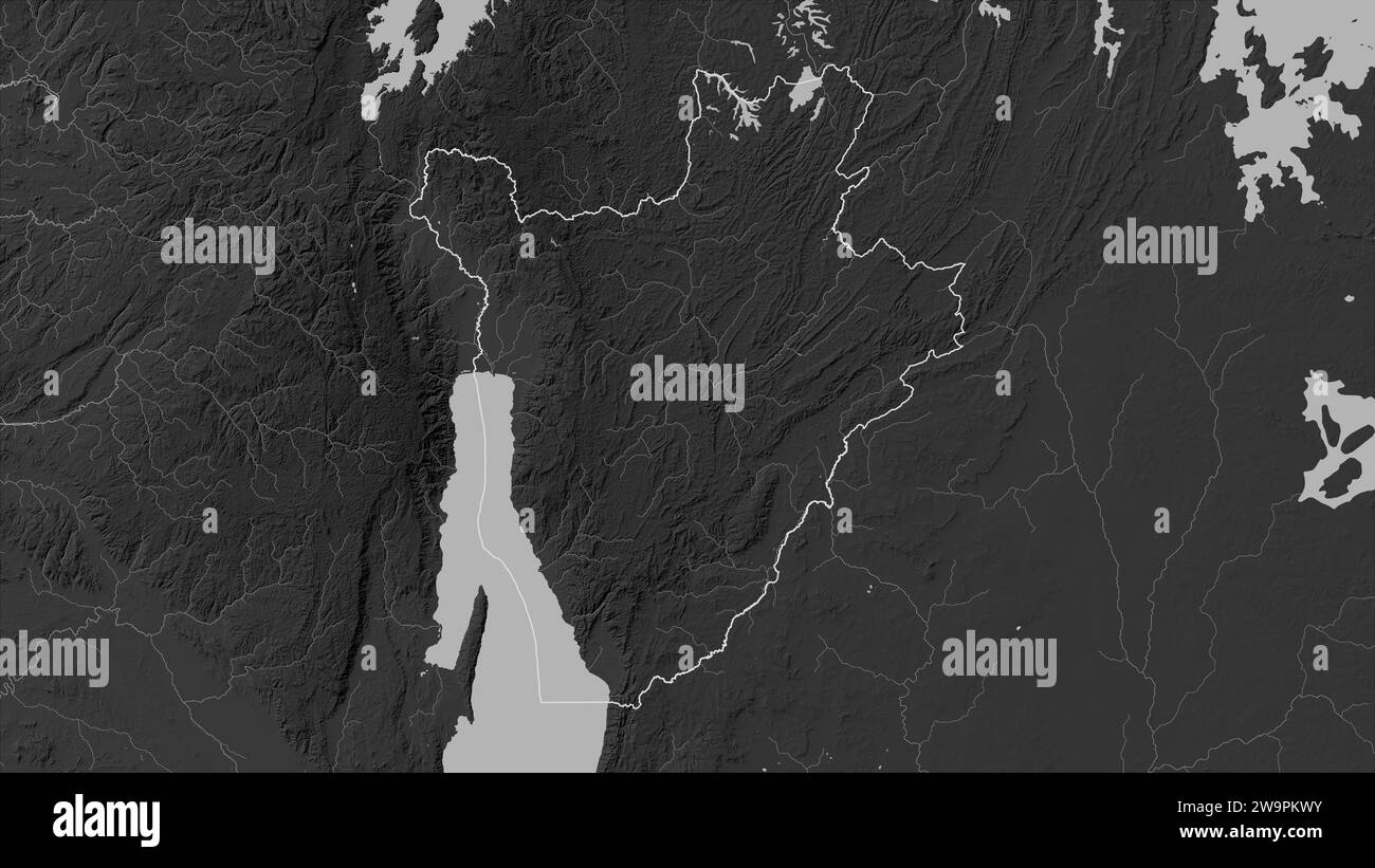 Burundi outlined on a Grayscale elevation map with lakes and rivers ...