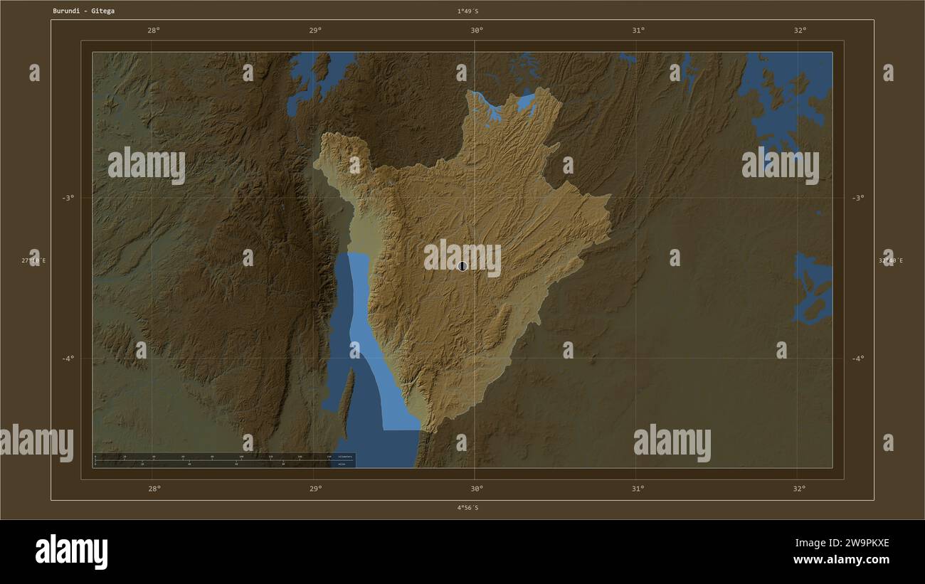 Burundi highlighted on a Colored elevation map with lakes and rivers ...