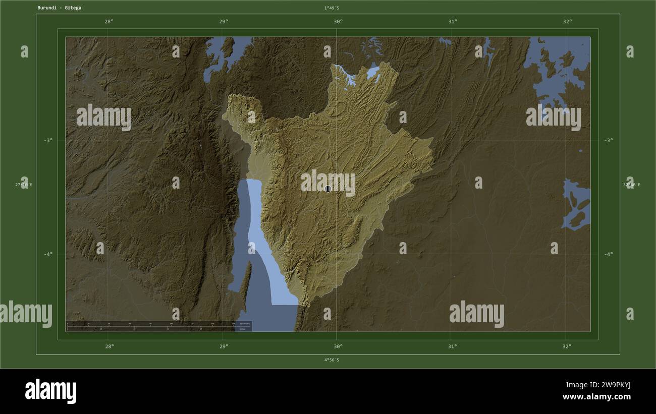 Burundi highlighted on a Pale colored elevation map with lakes and ...