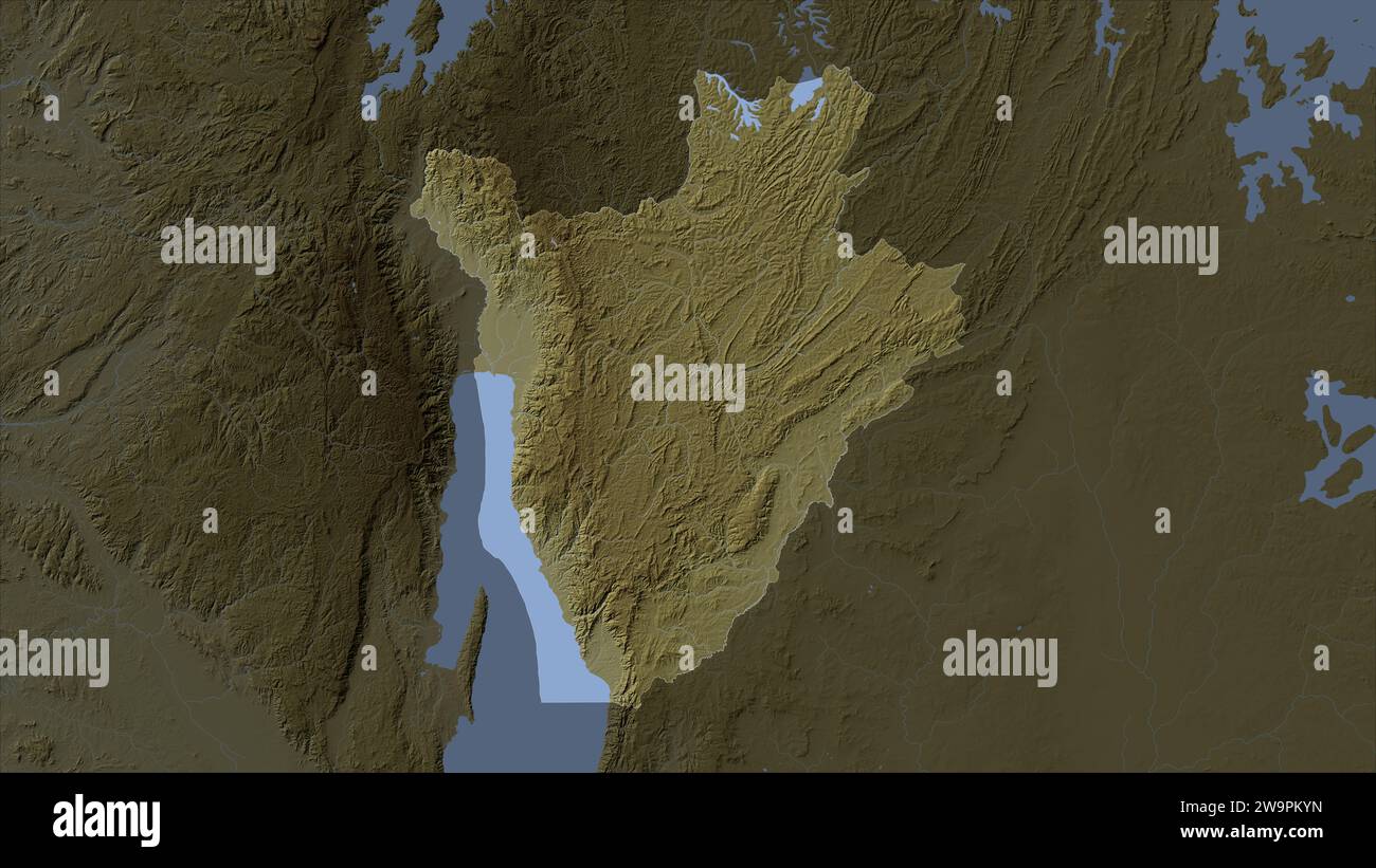 Burundi highlighted on a Pale colored elevation map with lakes and ...
