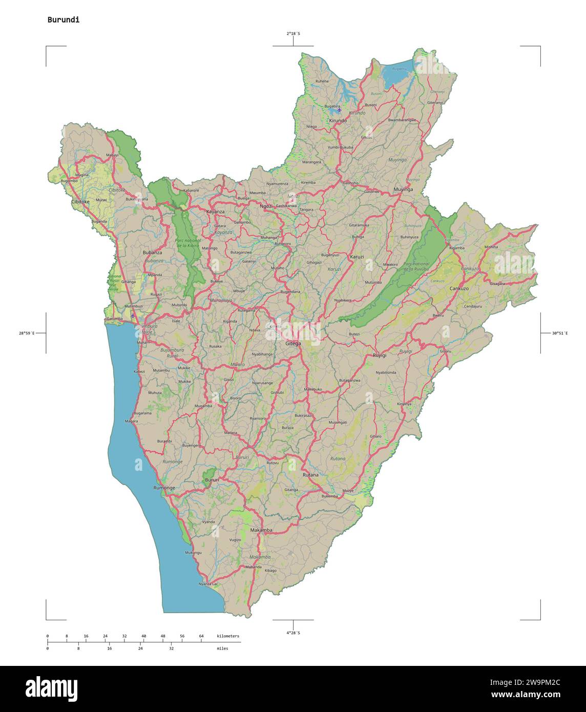 Shape of a topographic, OSM Germany style map of the Burundi, with distance scale and map border ...