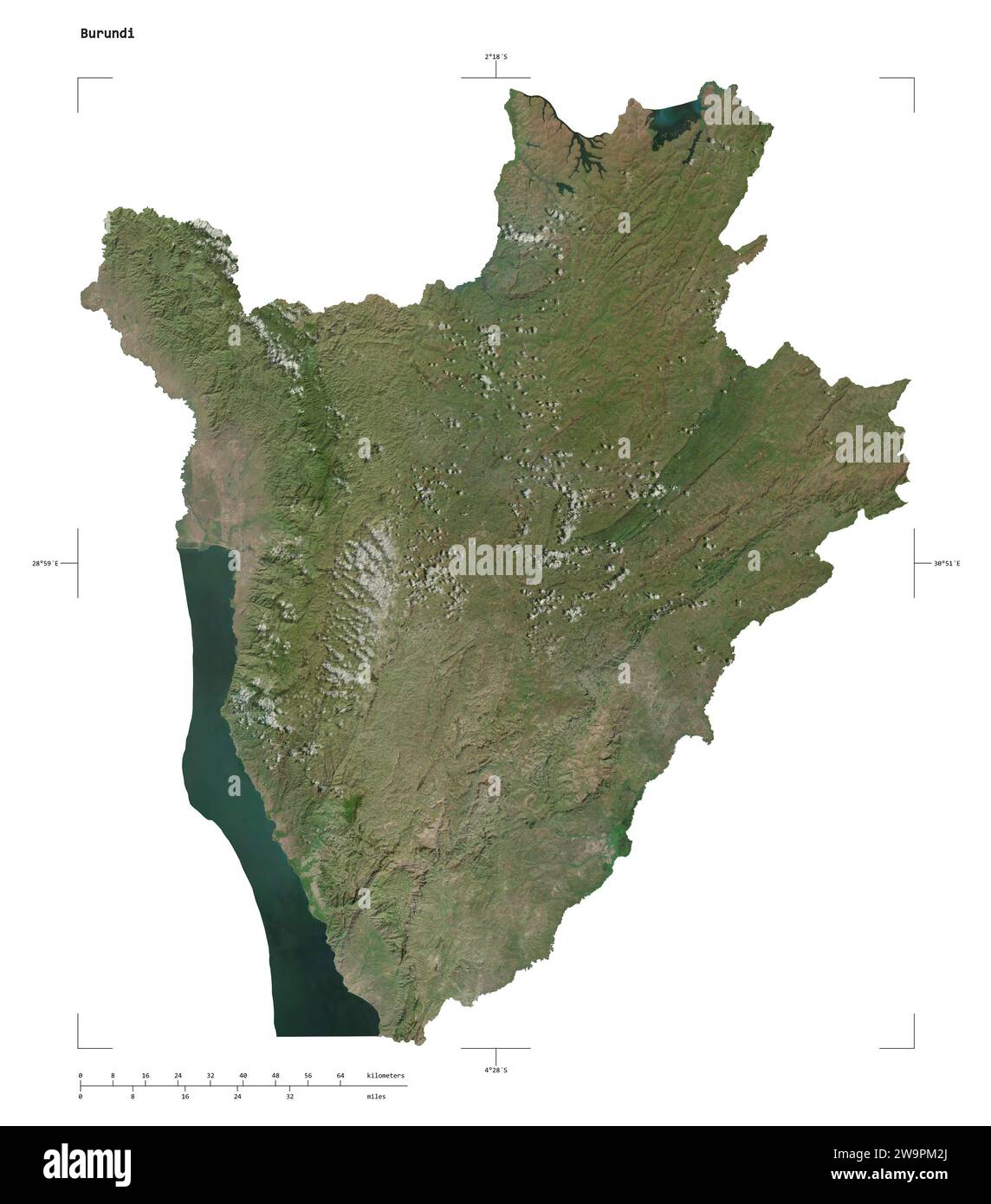 Shape of a high resolution satellite map of the Burundi, with distance ...