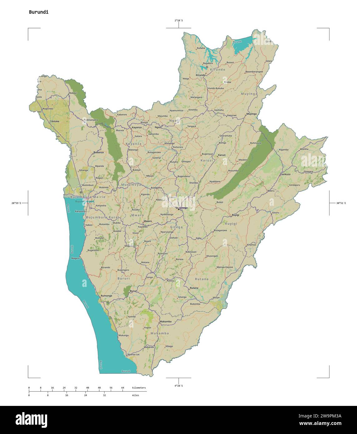 Shape of a topographic, OSM Humanitarian style map of the Burundi, with ...