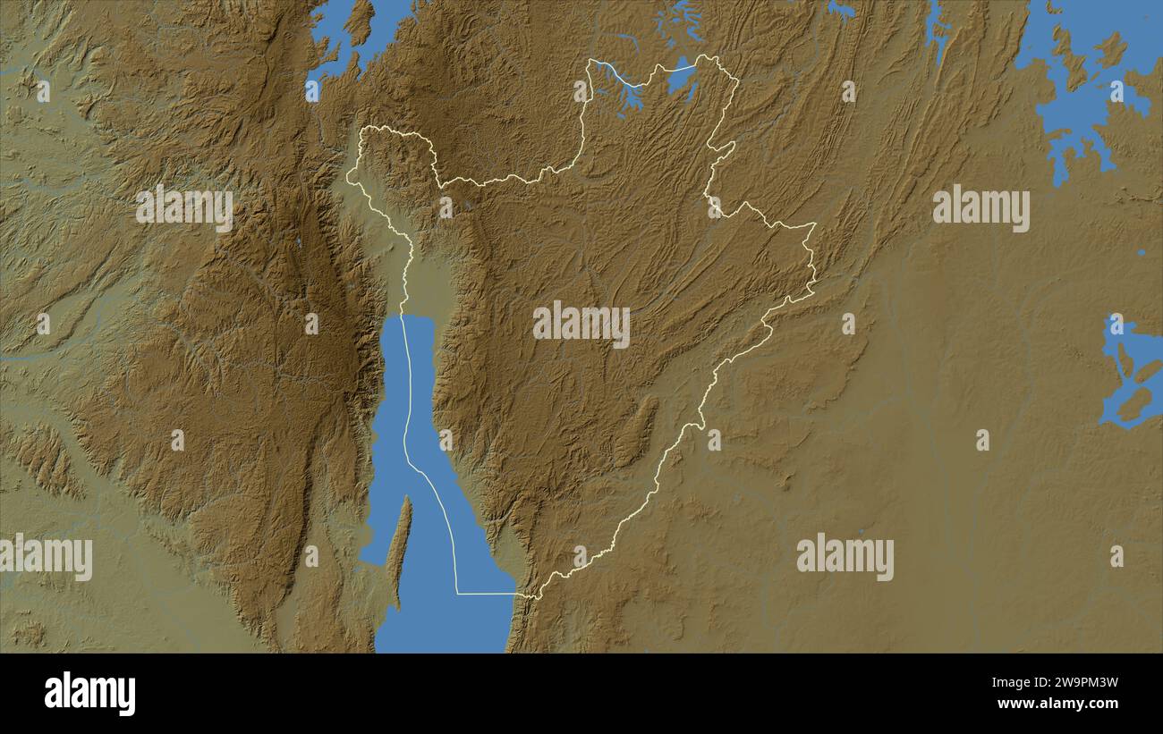 Burundi outlined on a Colored elevation map with lakes and rivers Stock ...