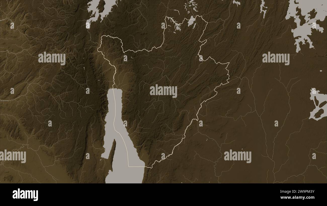 Burundi outlined on a elevation map colored in sepia tones with lakes ...