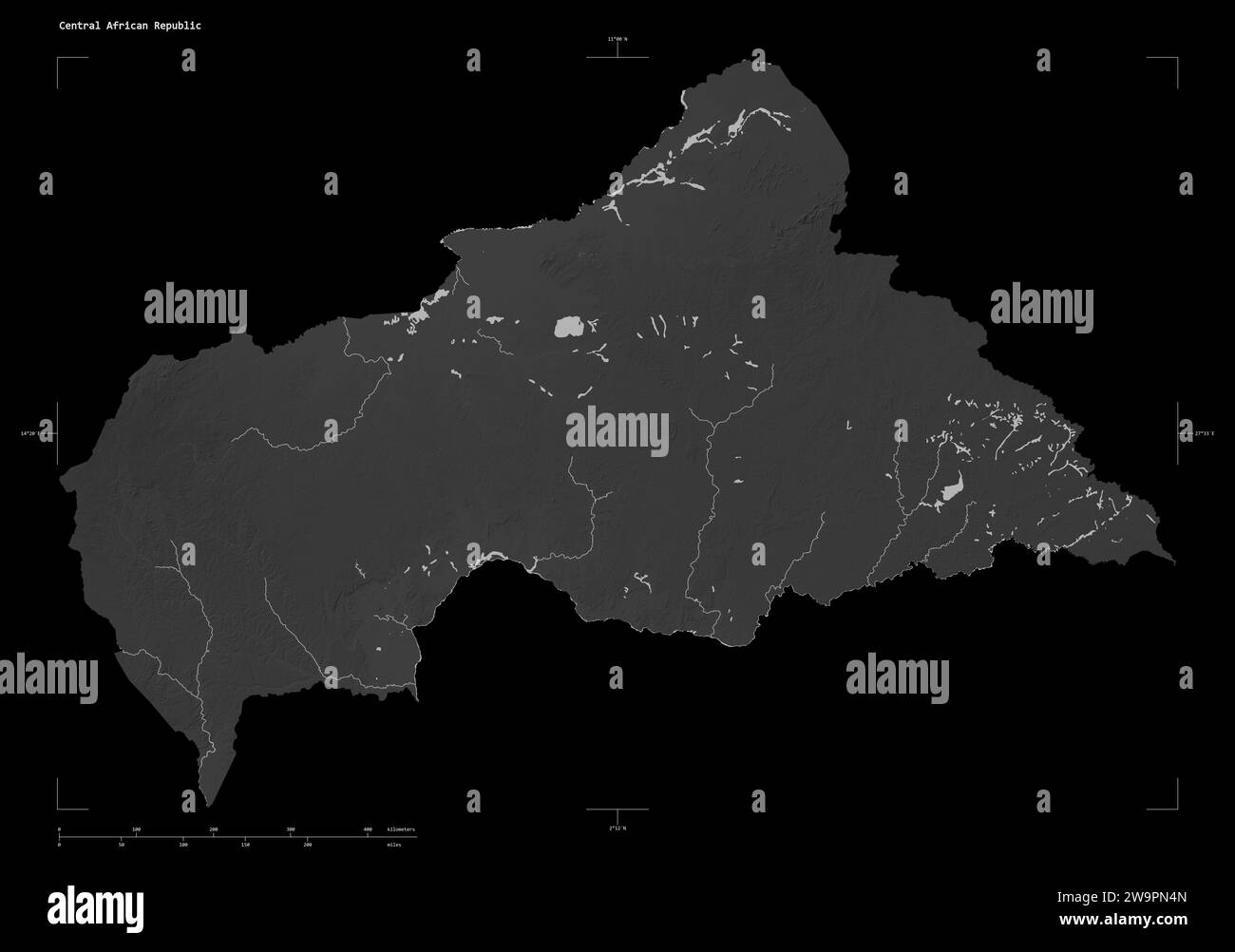 Shape of a Grayscale elevation map with lakes and rivers of the Central African Republic, with ...