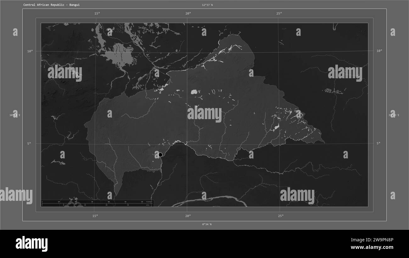 Central African Republic highlighted on a Grayscale elevation map with ...