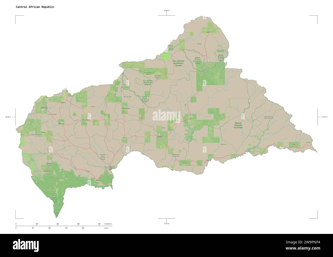 Shape of a topographic, OSM Germany style map of the Central African Republic, with distance ...