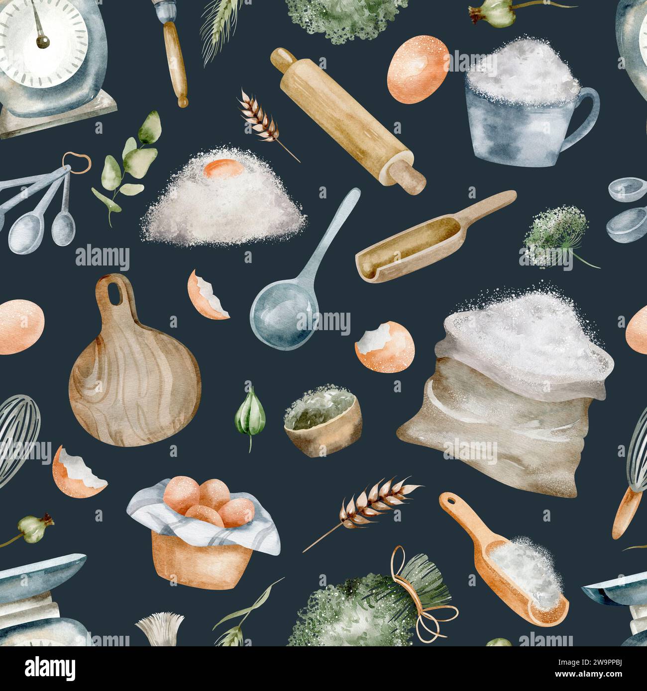 This is a playful seamless pattern with assorted watercolor kitchen ...