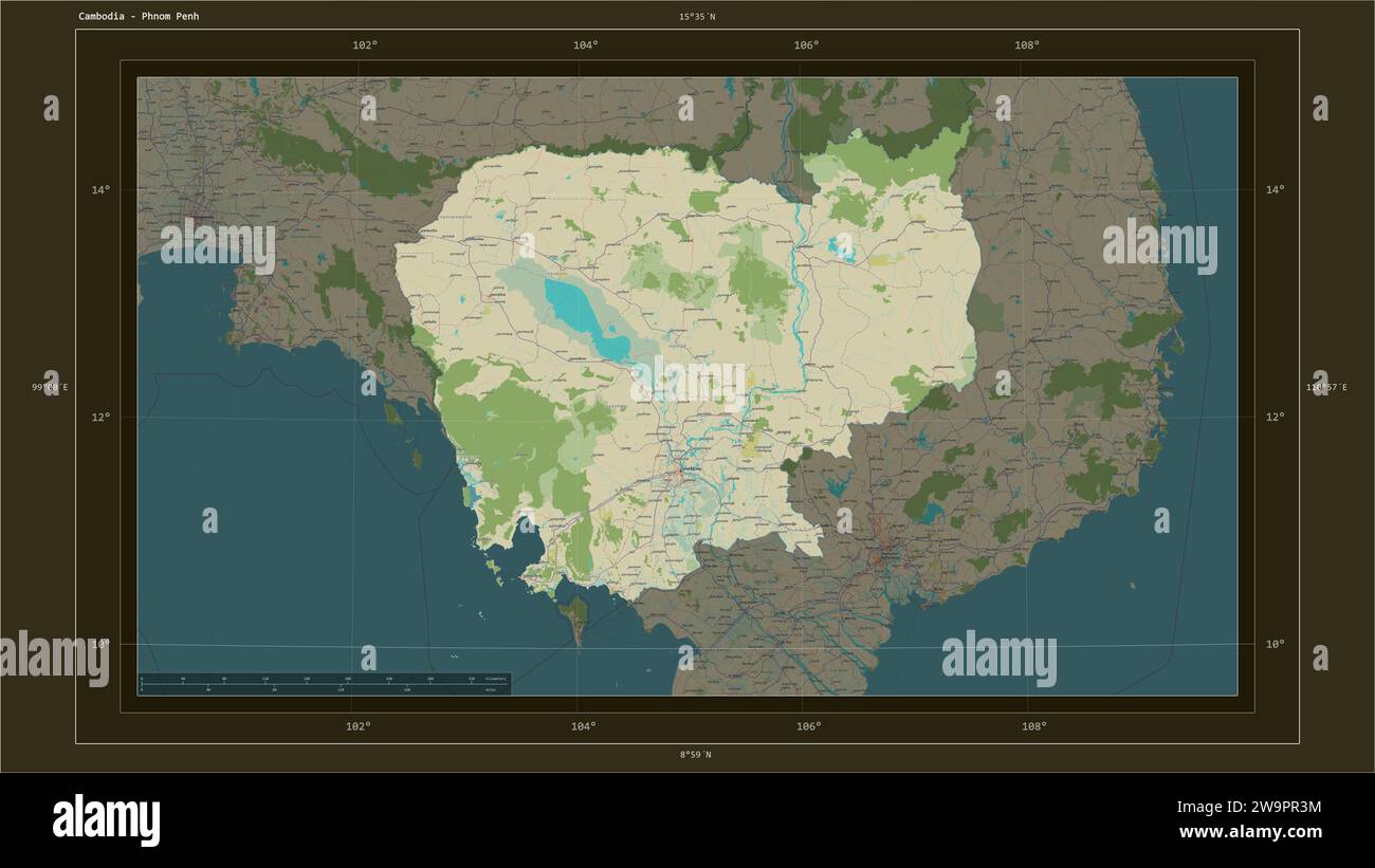 Cambodia highlighted on a topographic, OSM Humanitarian style map map ...