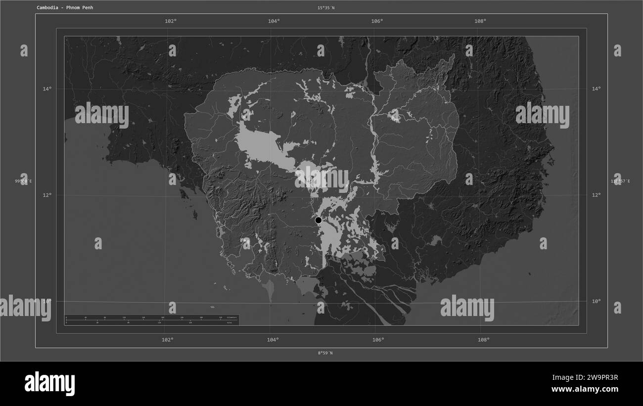 Cambodia highlighted on a Bilevel elevation map with lakes and rivers map with the country's ...