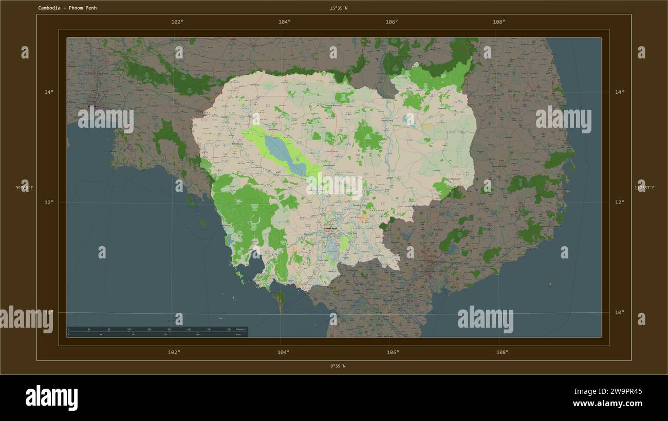 Cambodia highlighted on a topographic, OSM France style map map with ...