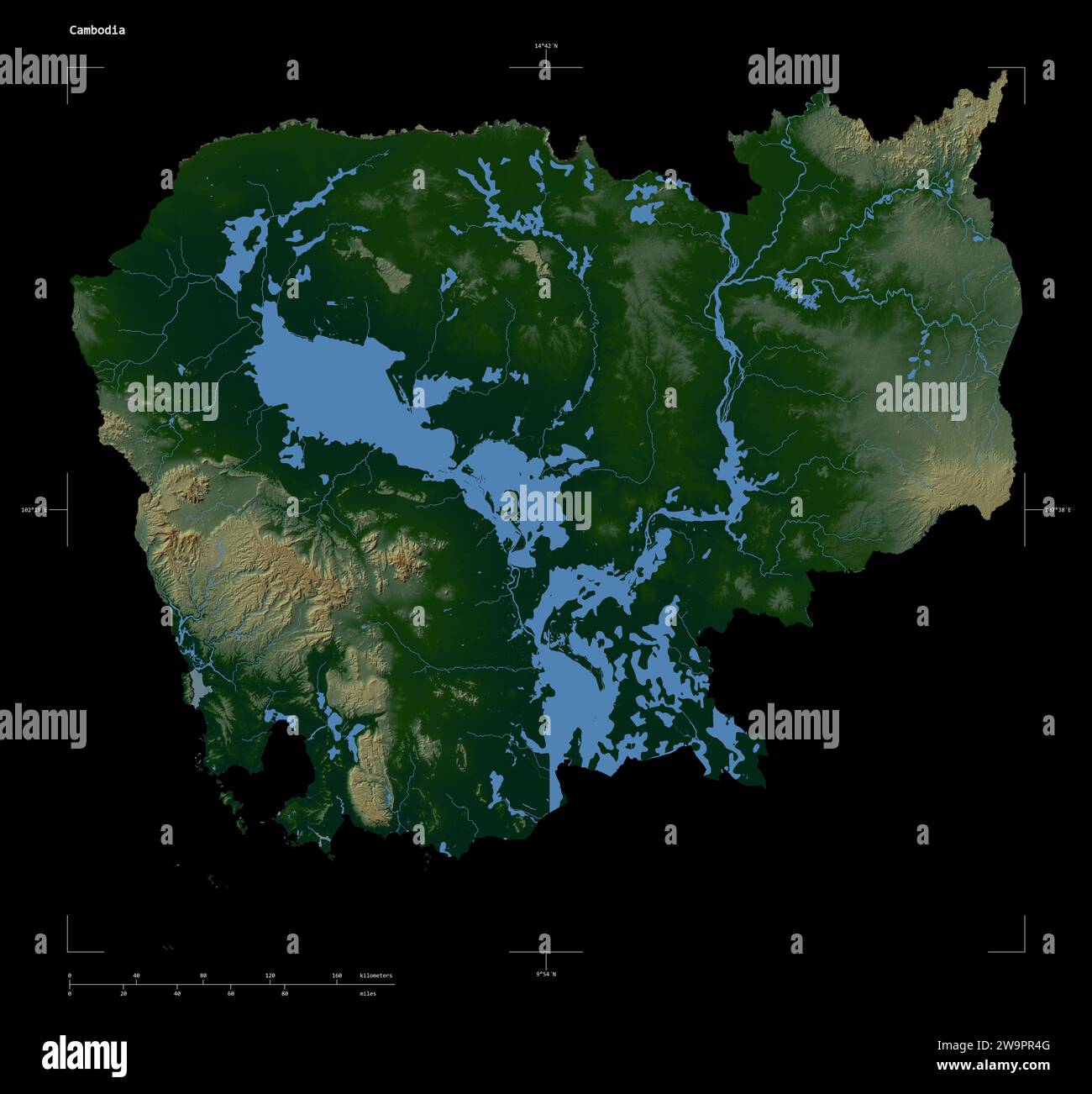 Shape of a Colored elevation map with lakes and rivers of the Cambodia, with distance scale and ...