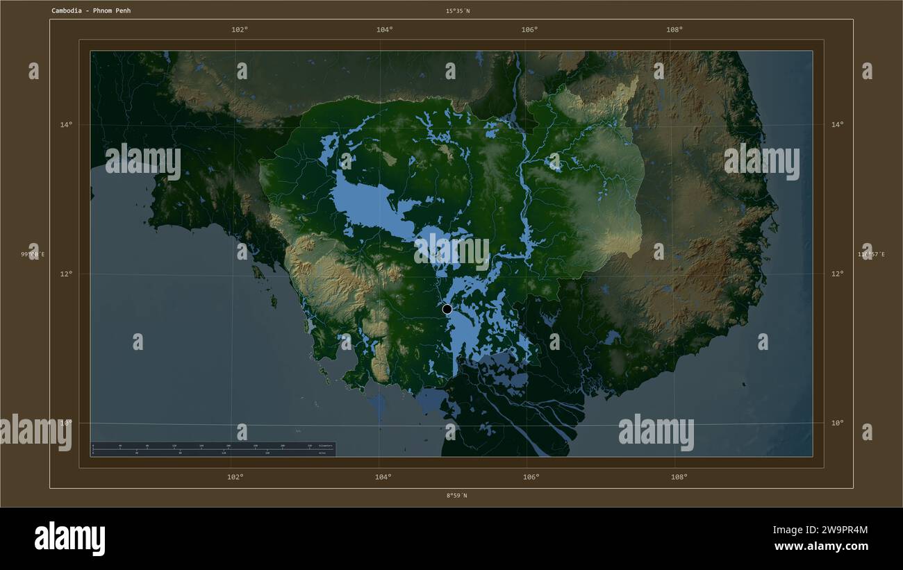 Cambodia highlighted on a Colored elevation map with lakes and rivers map with the country's ...