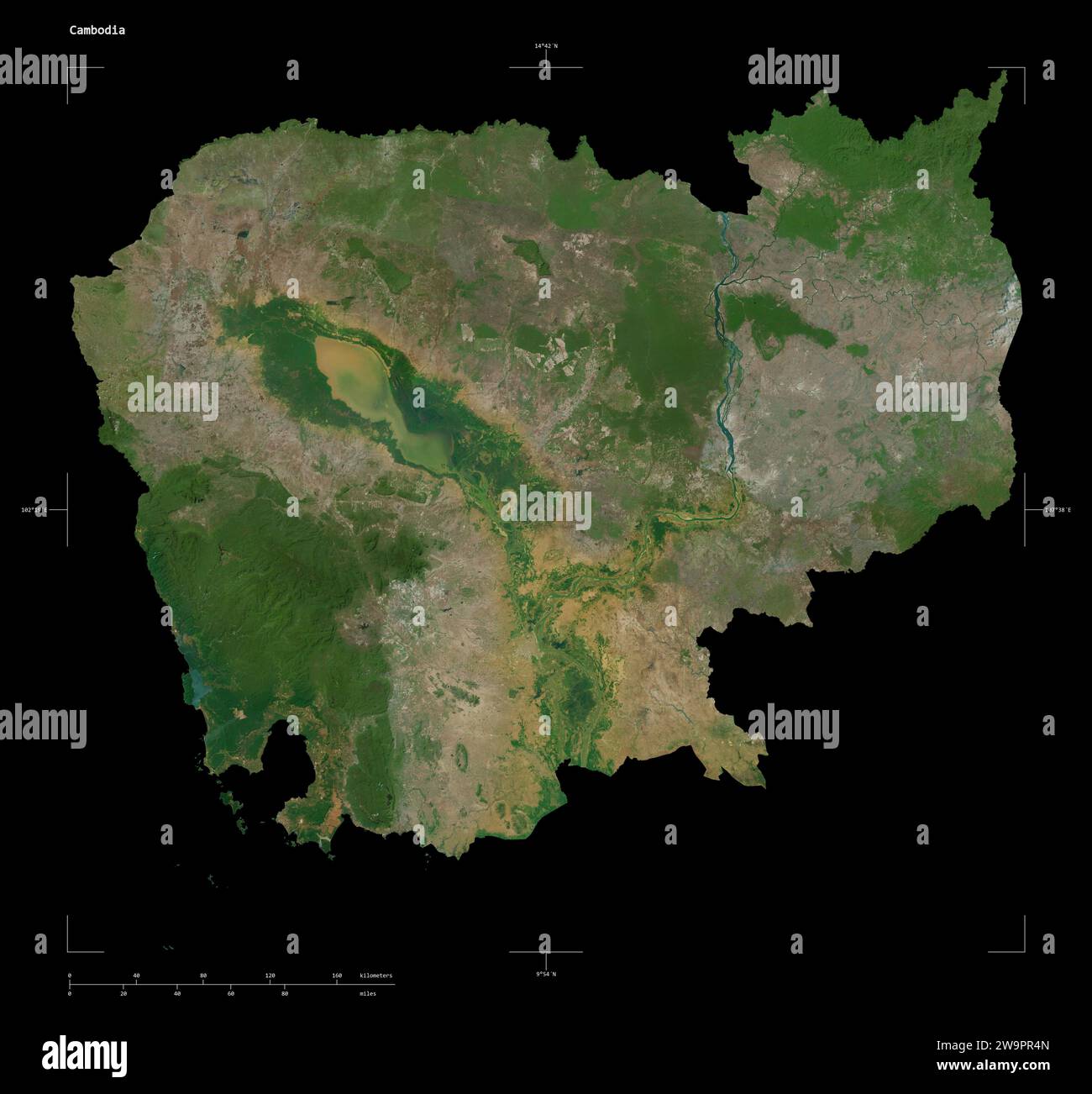 Shape of a high resolution satellite map of the Cambodia, with distance ...