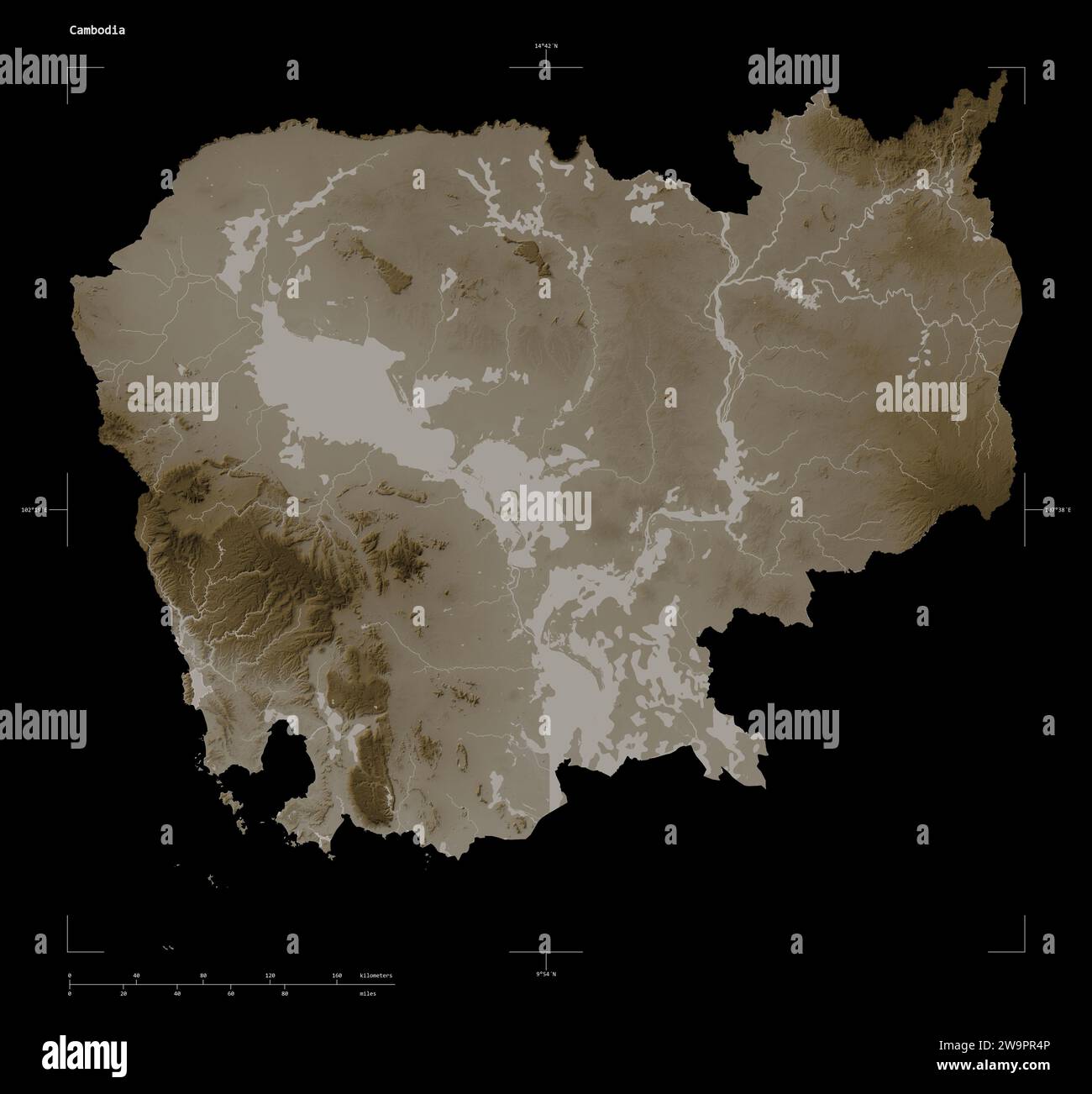 Shape of a elevation map colored in sepia tones with lakes and rivers of the Cambodia, with ...