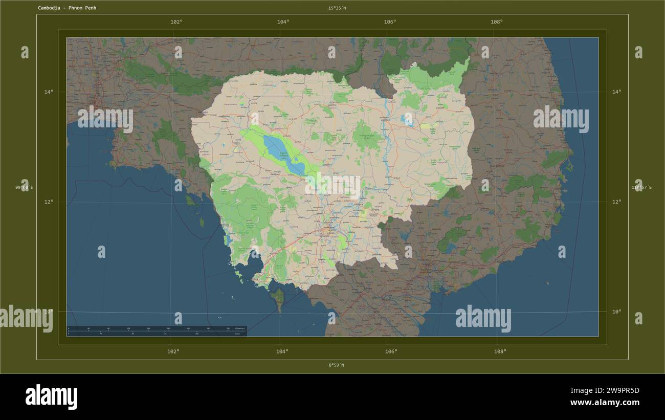 Cambodia highlighted on a topographic, OSM standard style map map with the country's capital ...