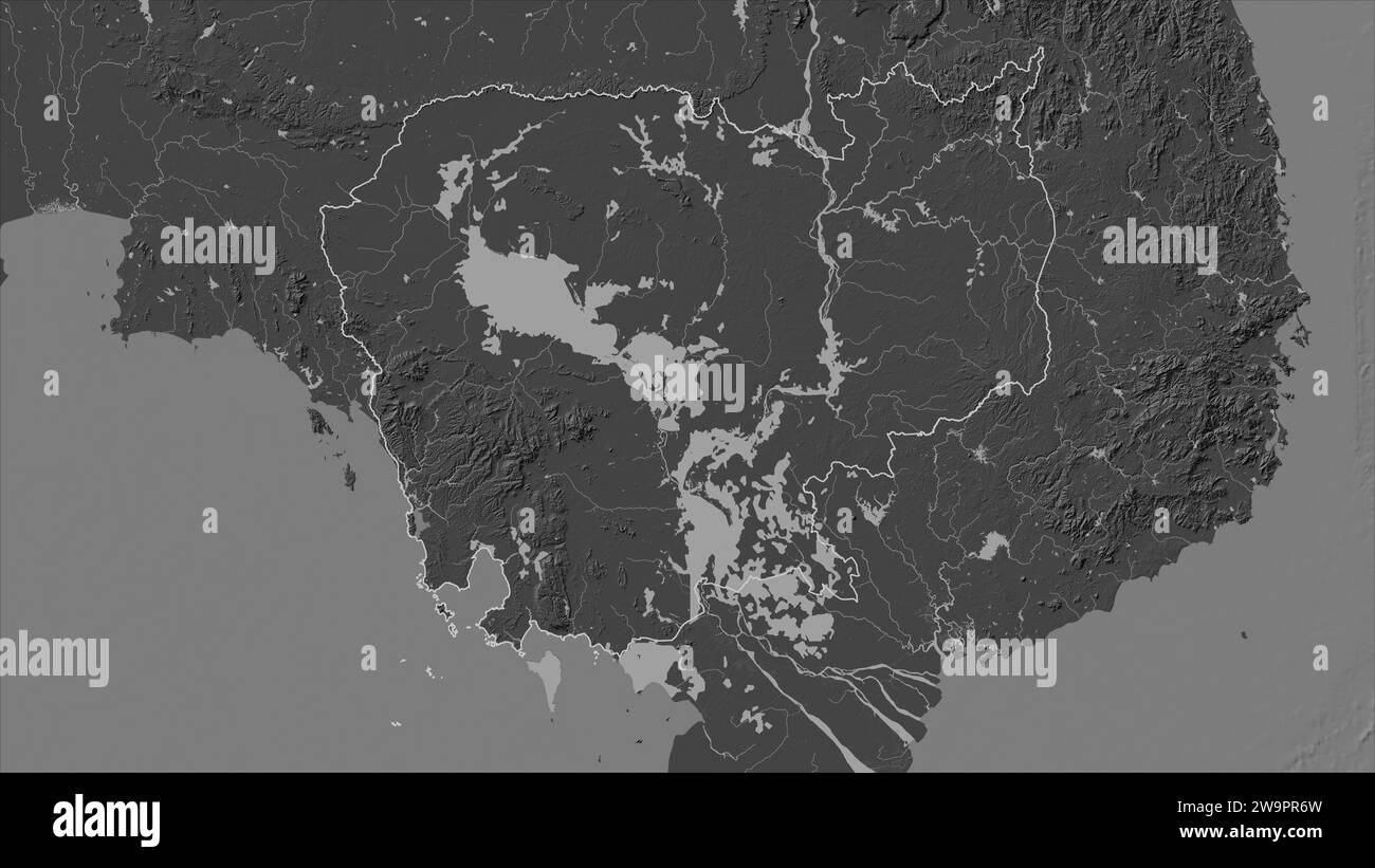 Cambodia outlined on a Bilevel elevation map with lakes and rivers ...