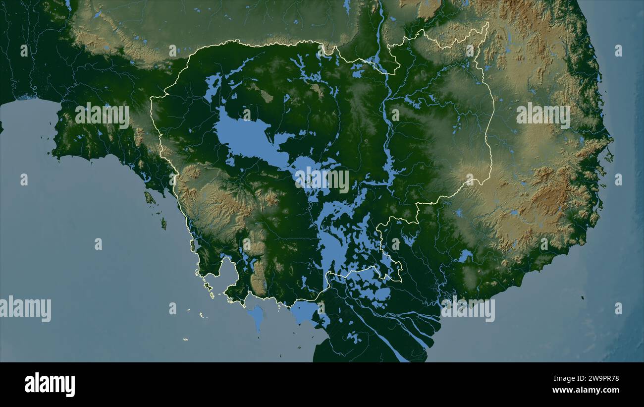 Cambodia outlined on a Colored elevation map with lakes and rivers ...