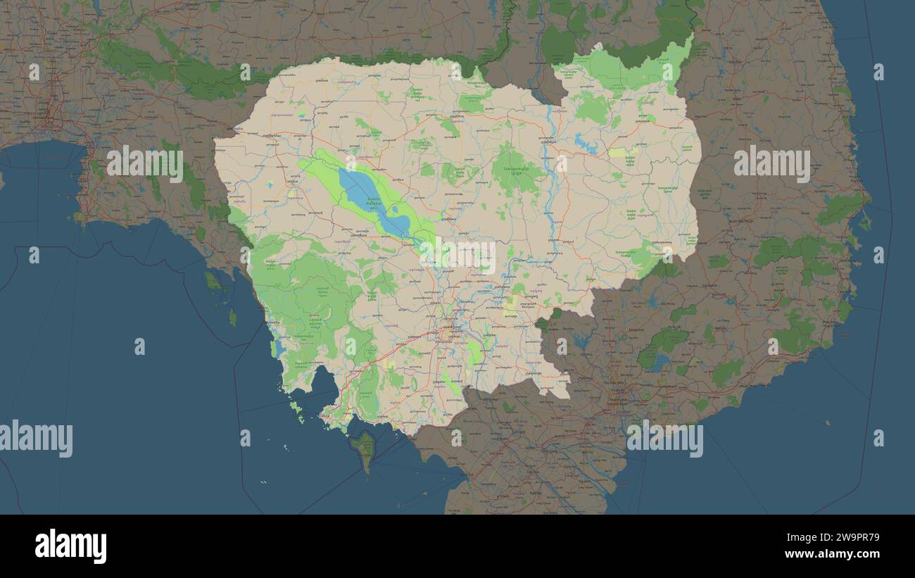 Cambodia highlighted on a topographic, OSM standard style map Stock ...
