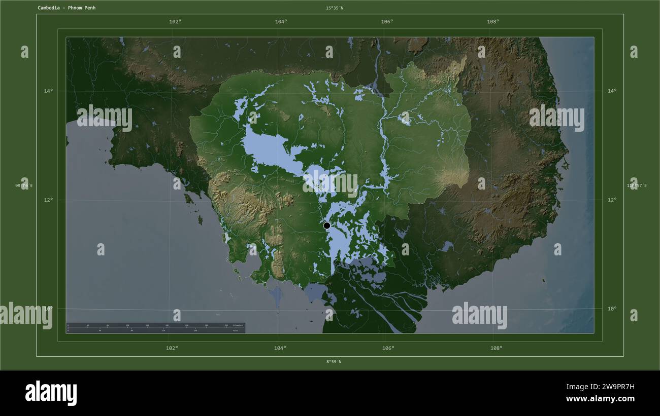 Cambodia highlighted on a Pale colored elevation map with lakes and ...