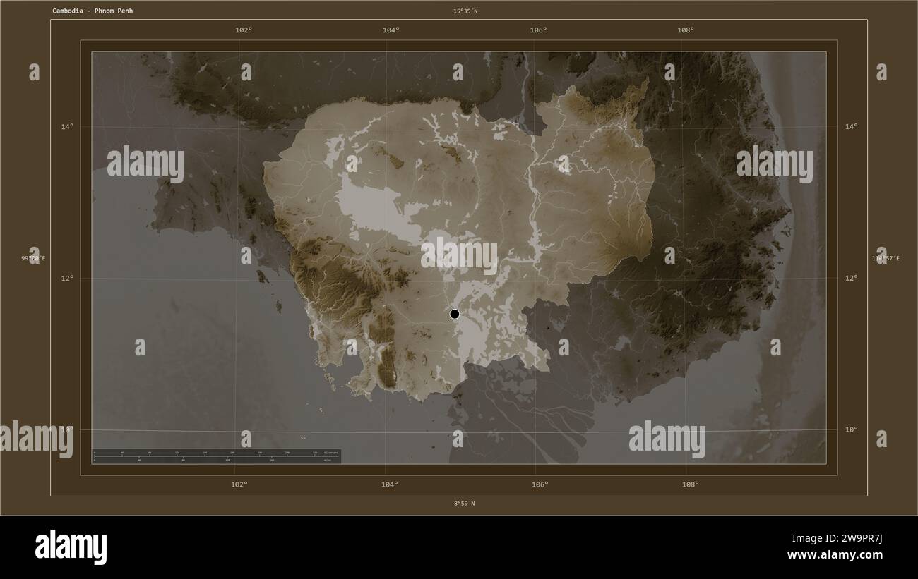 Cambodia highlighted on a elevation map colored in sepia tones with ...