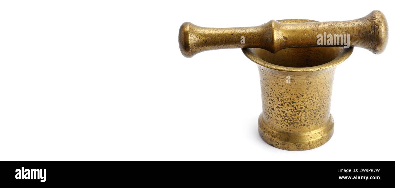 Metal mortar and pestle isolated on white background. Free space for ...