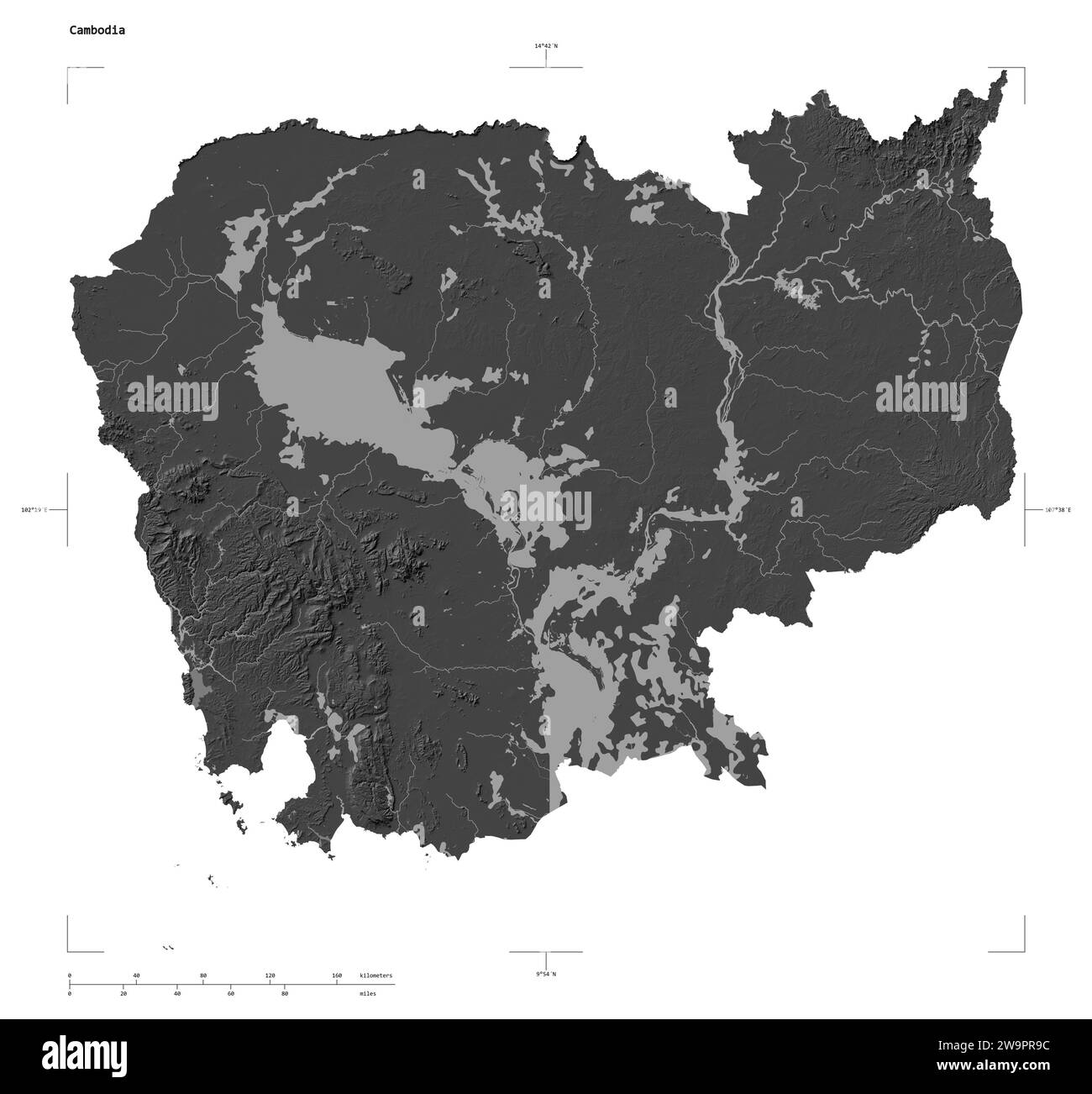 Shape of a Bilevel elevation map with lakes and rivers of the Cambodia, with distance scale and ...