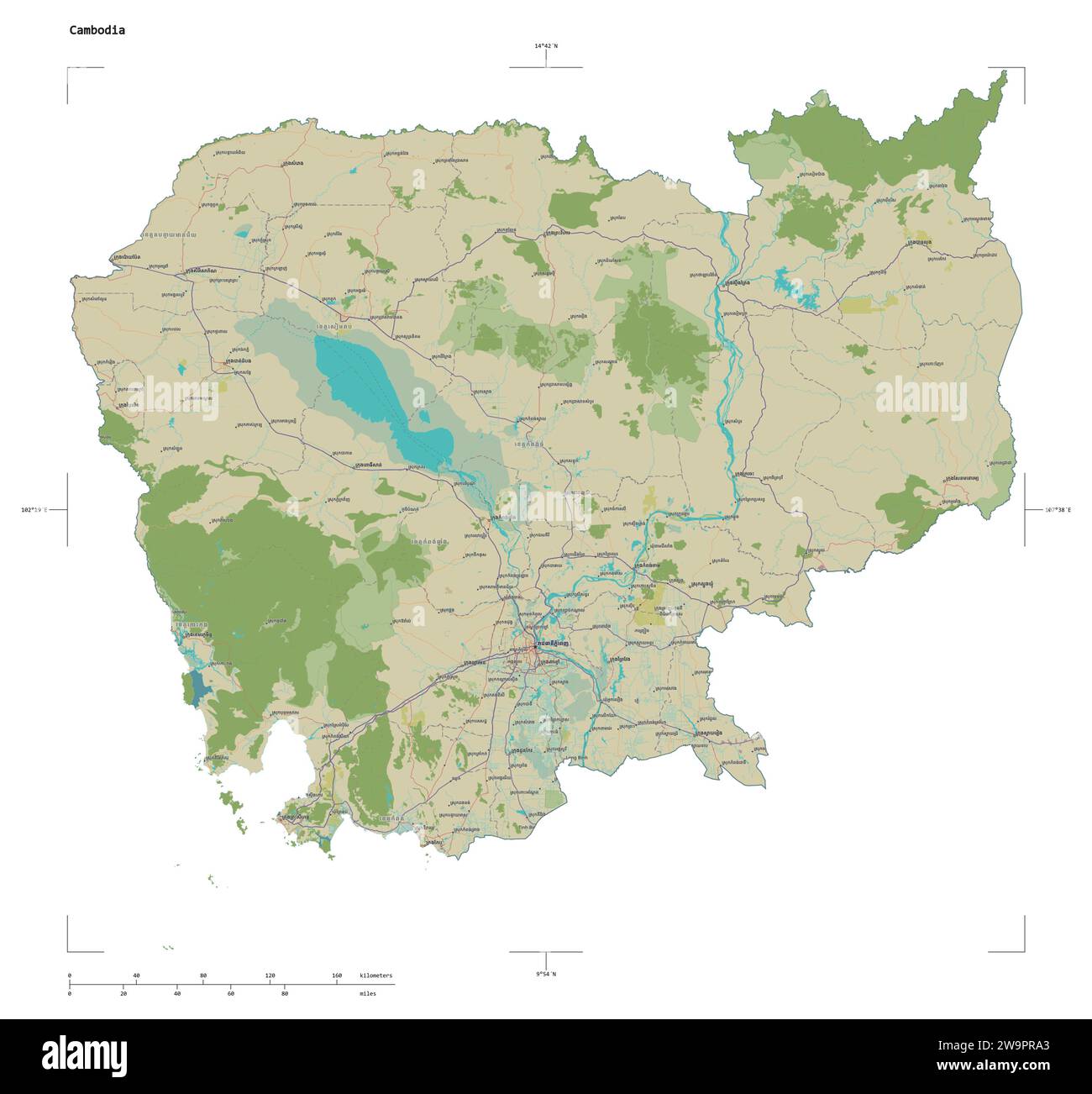 Shape of a topographic, OSM Humanitarian style map of the Cambodia, with distance scale and map ...
