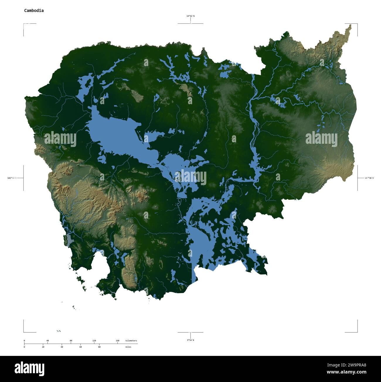 Shape of a Colored elevation map with lakes and rivers of the Cambodia ...