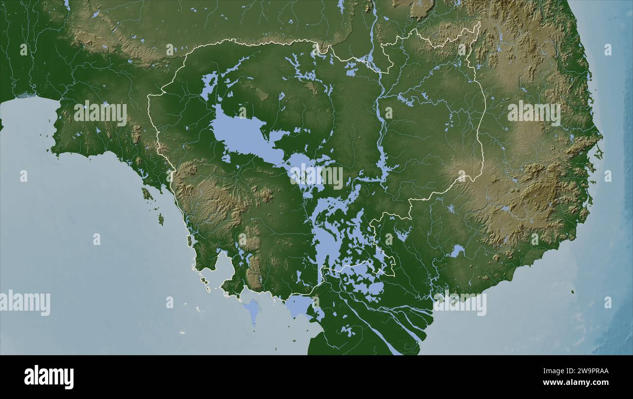 Cambodia outlined on a Pale colored elevation map with lakes and rivers Stock Photo - Alamy