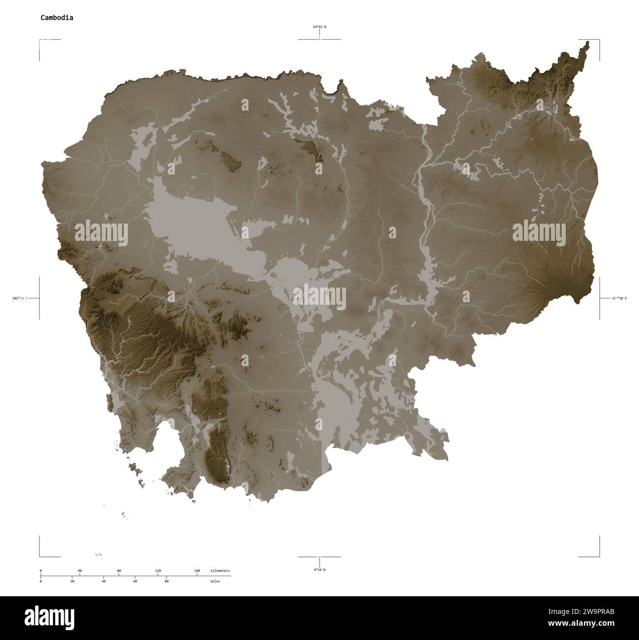 Shape of a elevation map colored in sepia tones with lakes and rivers of the Cambodia, with ...