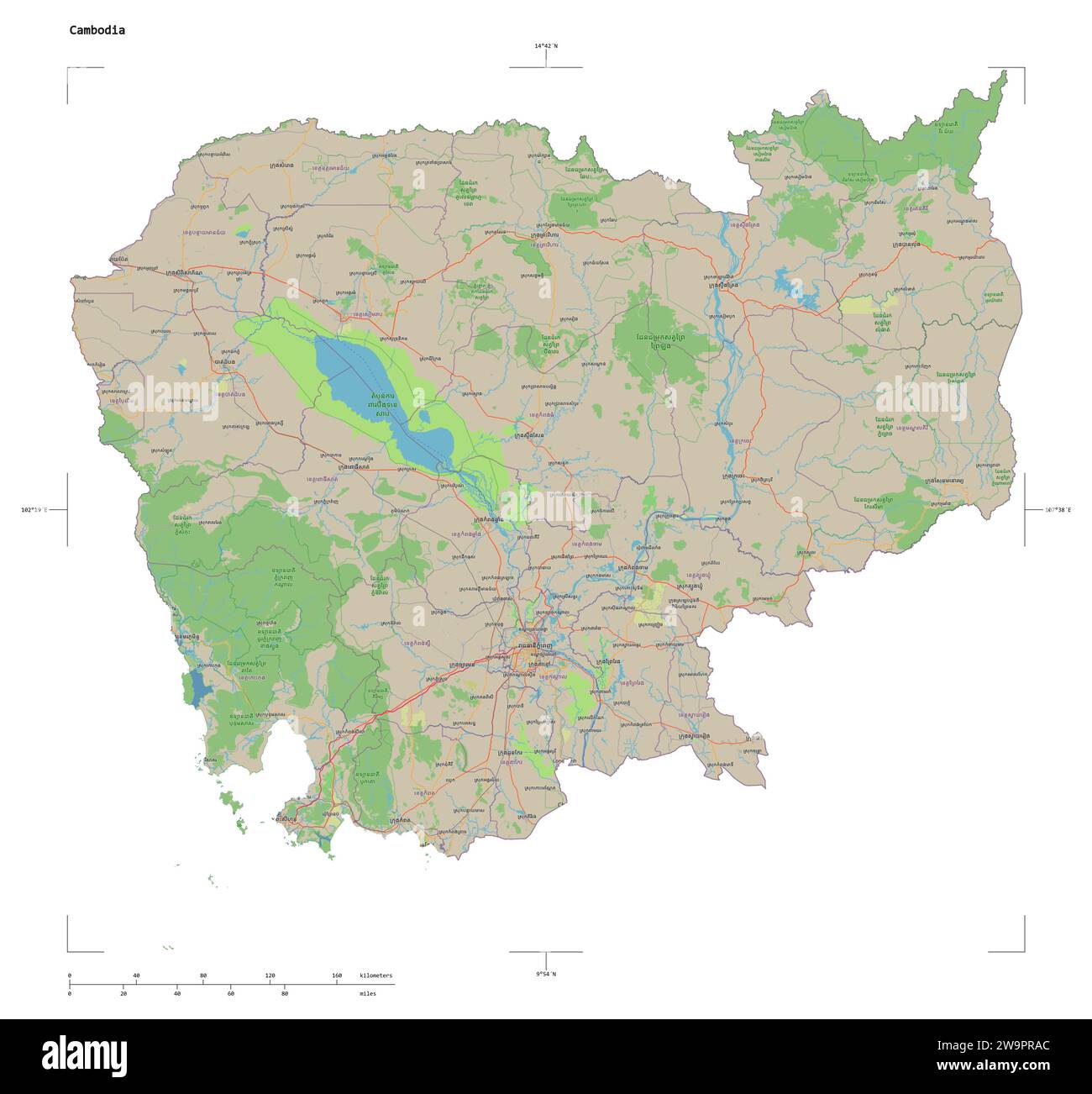 Shape of a topographic, OSM standard style map of the Cambodia, with distance scale and map ...