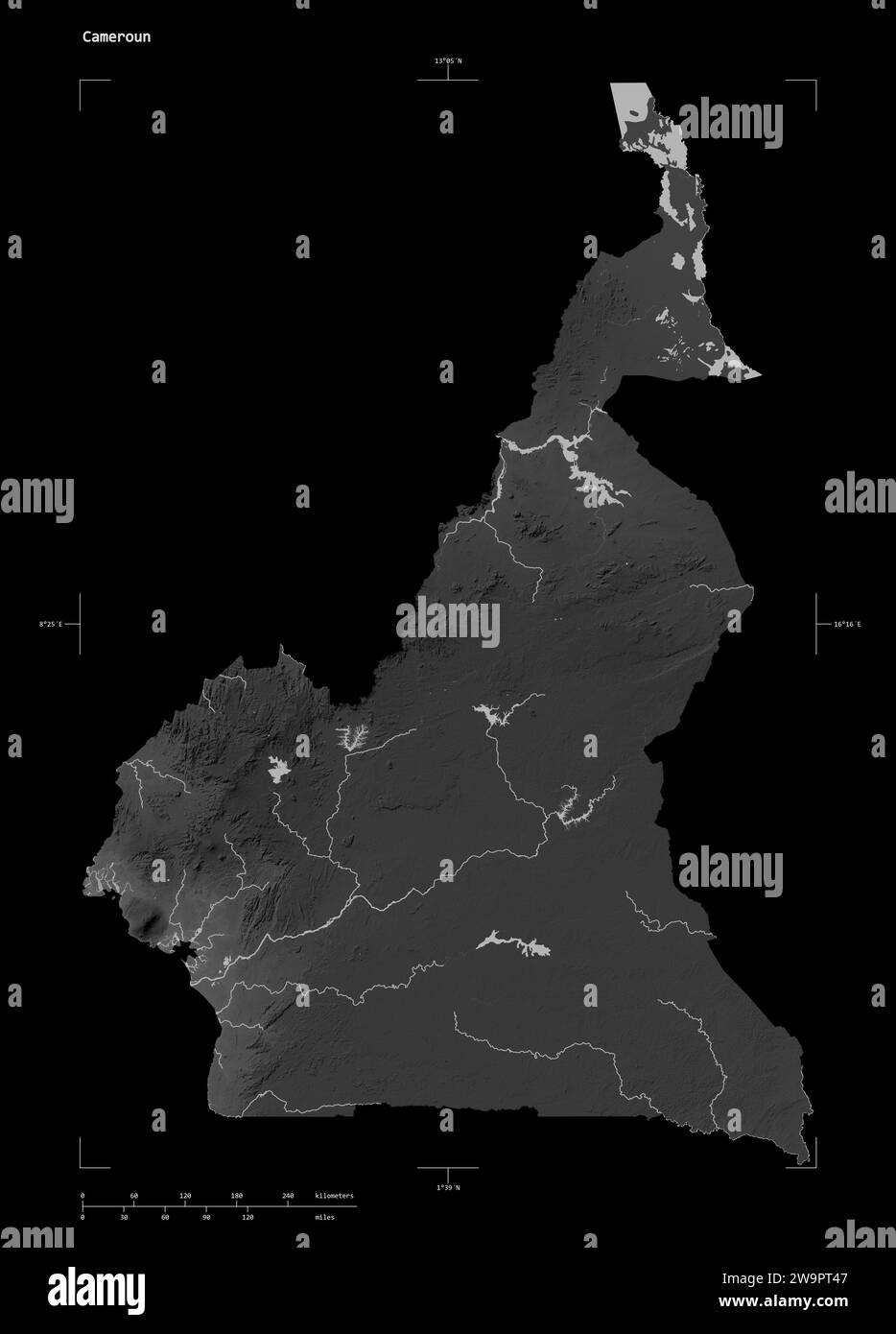 Shape of a Grayscale elevation map with lakes and rivers of the ...