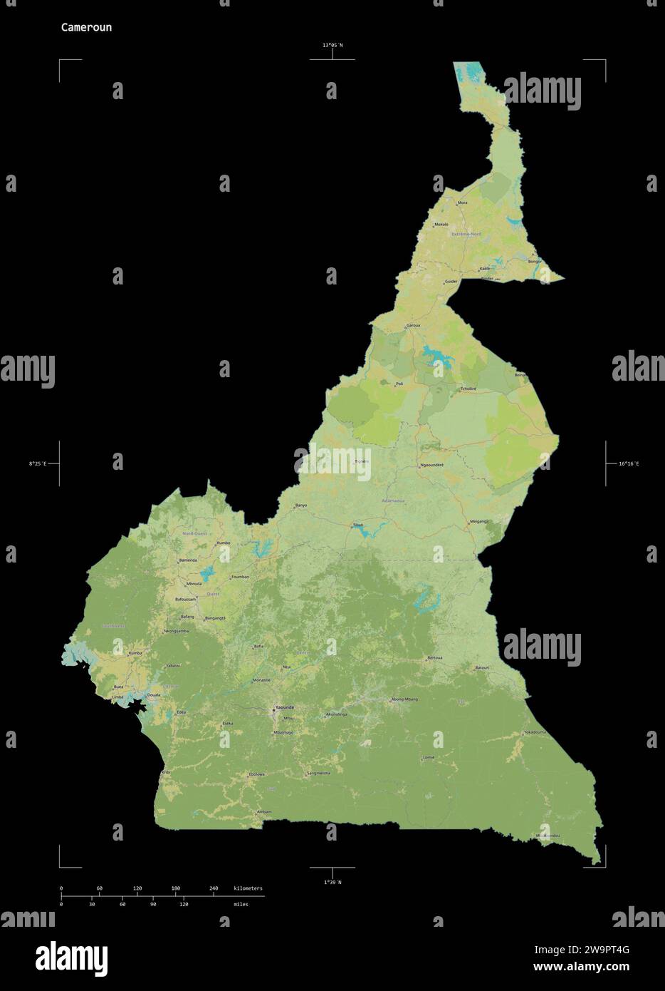 Shape of a topographic, OSM Humanitarian style map of the Cameroun ...
