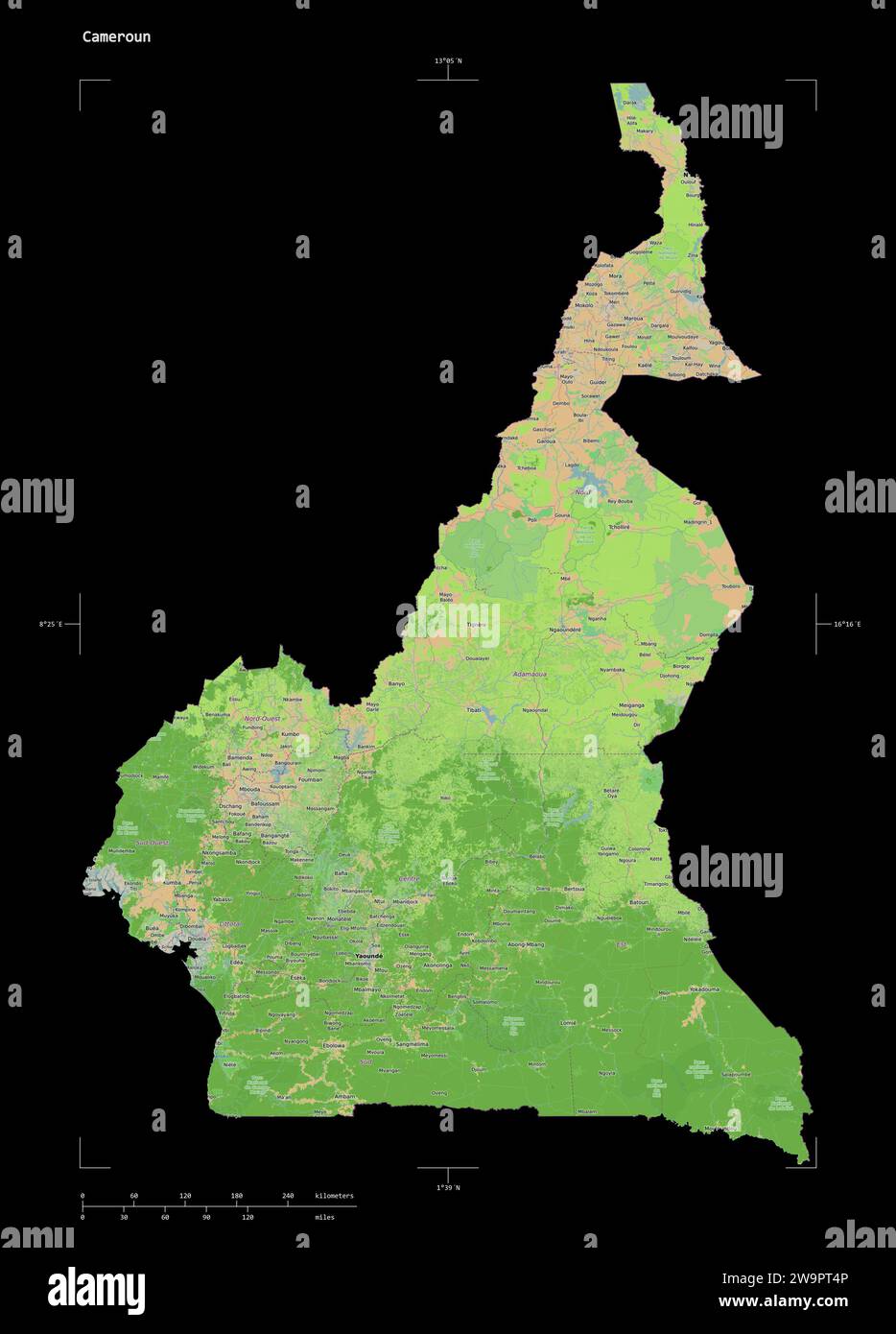 Shape of a topographic, OSM France style map of the Cameroun, with ...