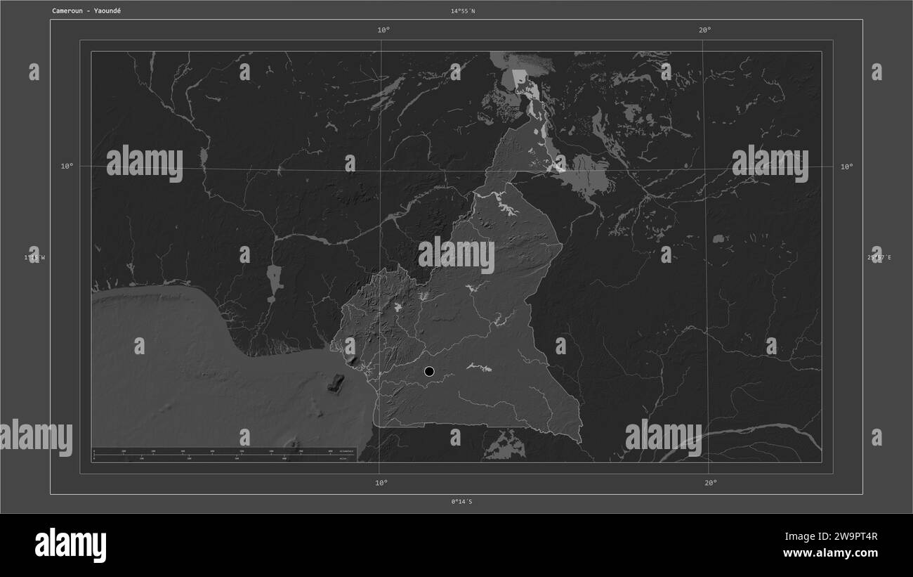 Cameroun highlighted on a Bilevel elevation map with lakes and rivers ...